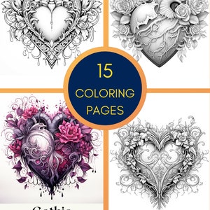 Gothic Hearts Coloring Pages, Valentines Day Adult Coloring Book, Love ...