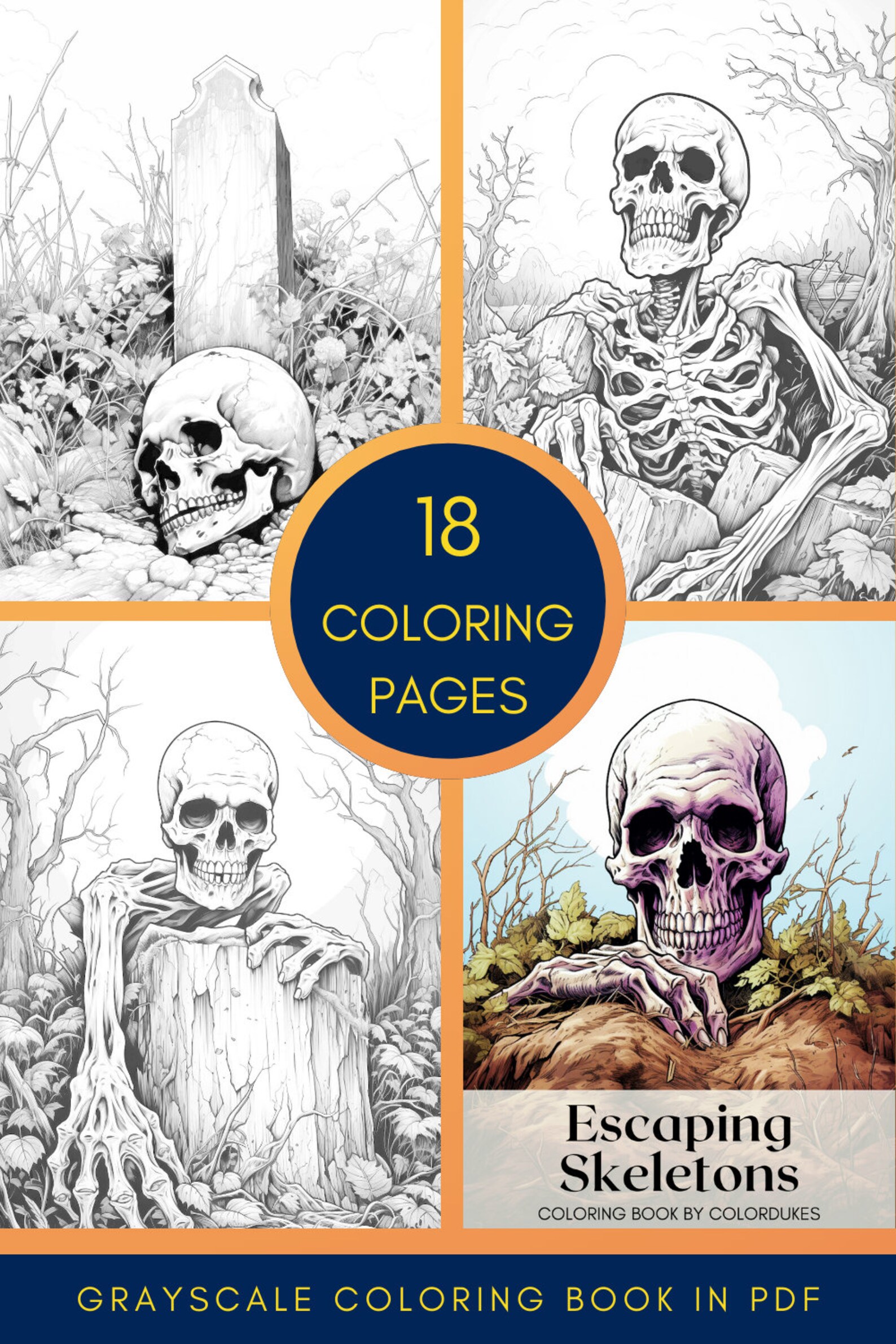 18 Skeletons Coloring Pages in Grayscale, Halloween Coloring Book for ...