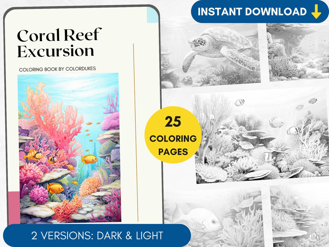25 Coloring Pages, Coral Reef Coloring Book Summer Grayscale Coloring ...