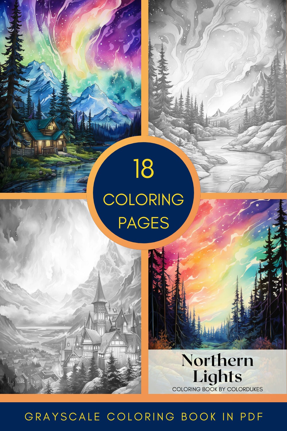 Northern Lights Coloring Pages, Aurora Borealis Grayscale Coloring Book ...