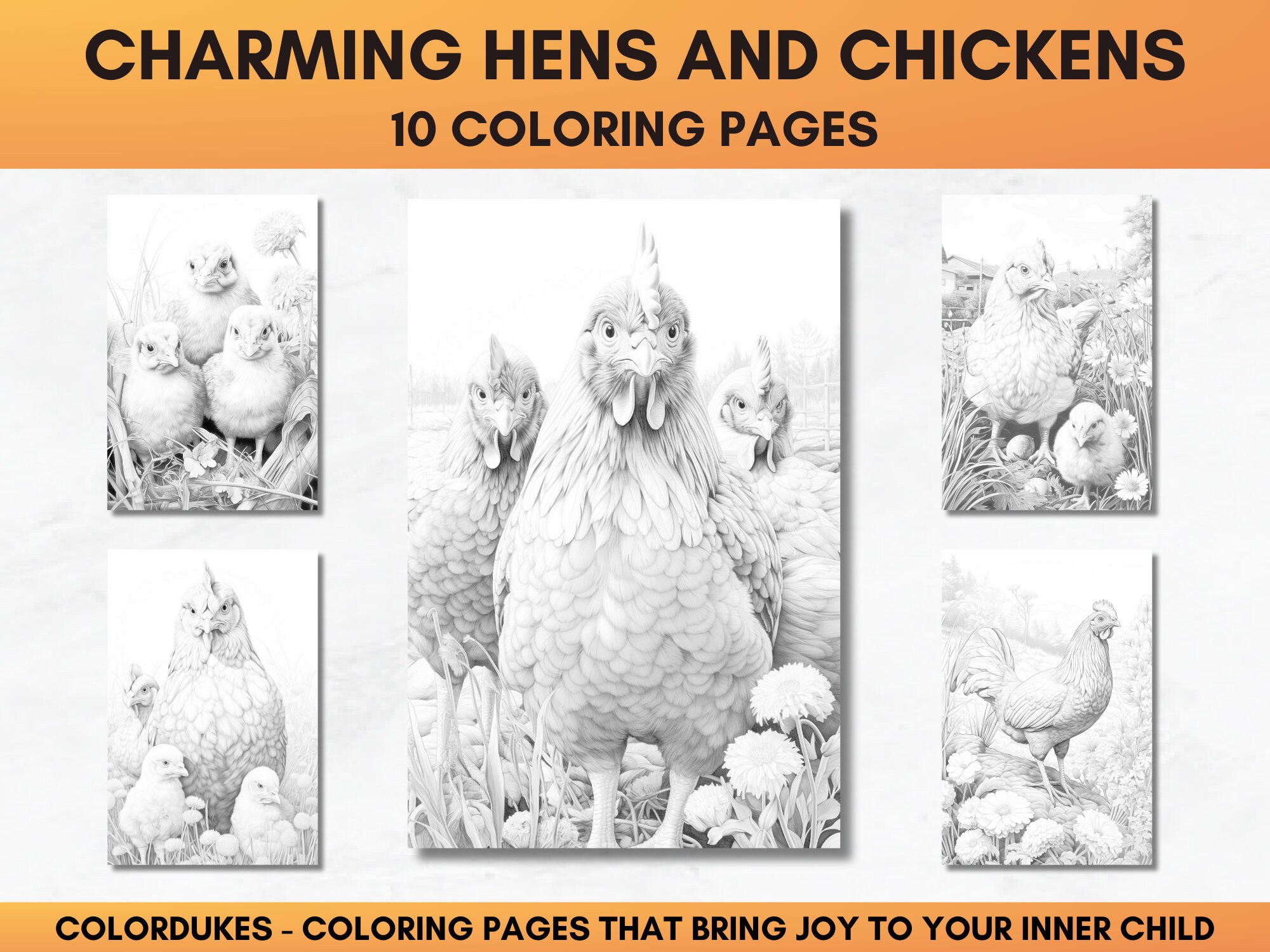 10 Chickens Coloring Pages for Adults, Farmhouse Coloring Book in ...