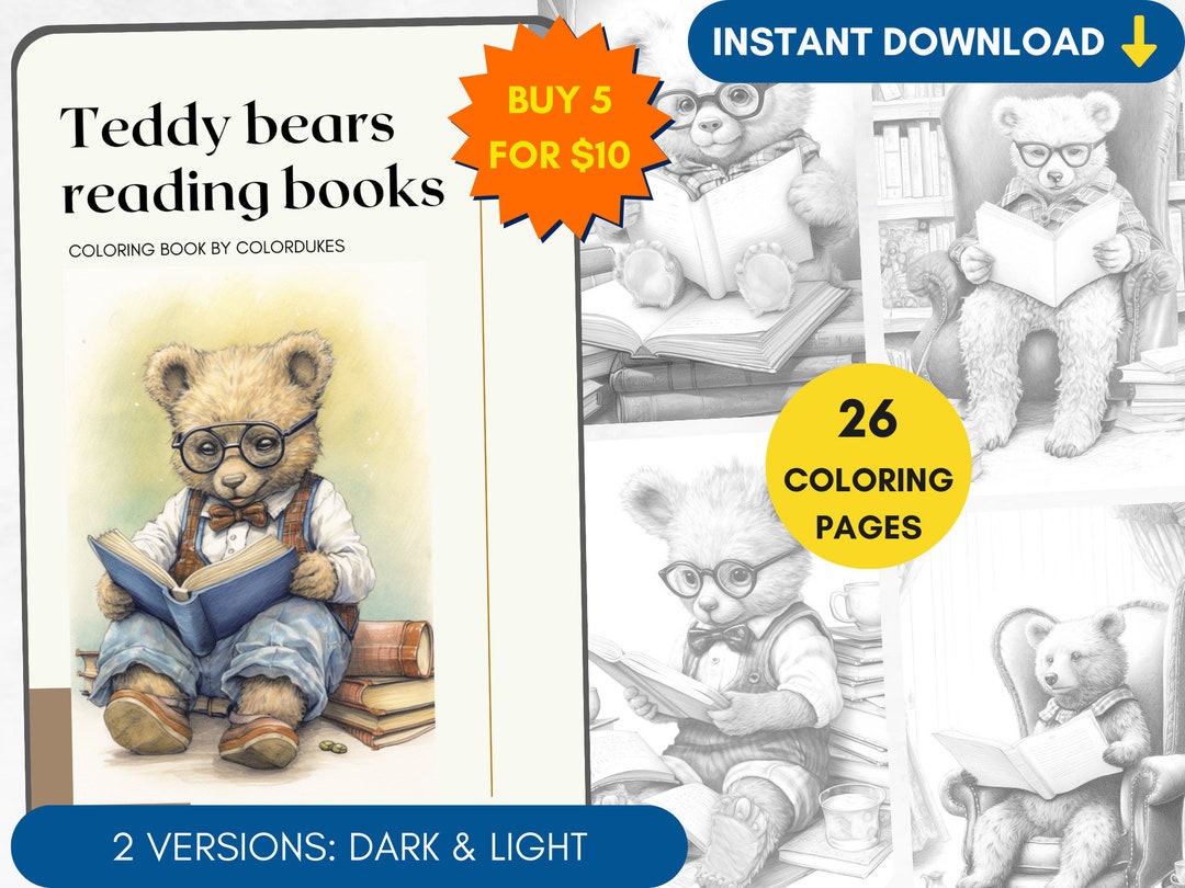 26 Coloring Pages, Teddy Bears With Books, Grayscale Adult Coloring ...