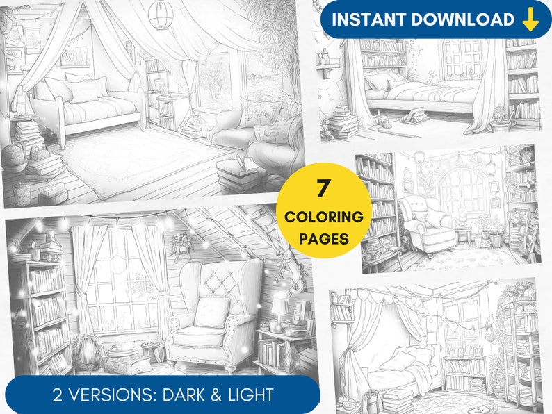 7 Coloring Pages Fairytale Reading Nook Coloring Book, Grayscale ...