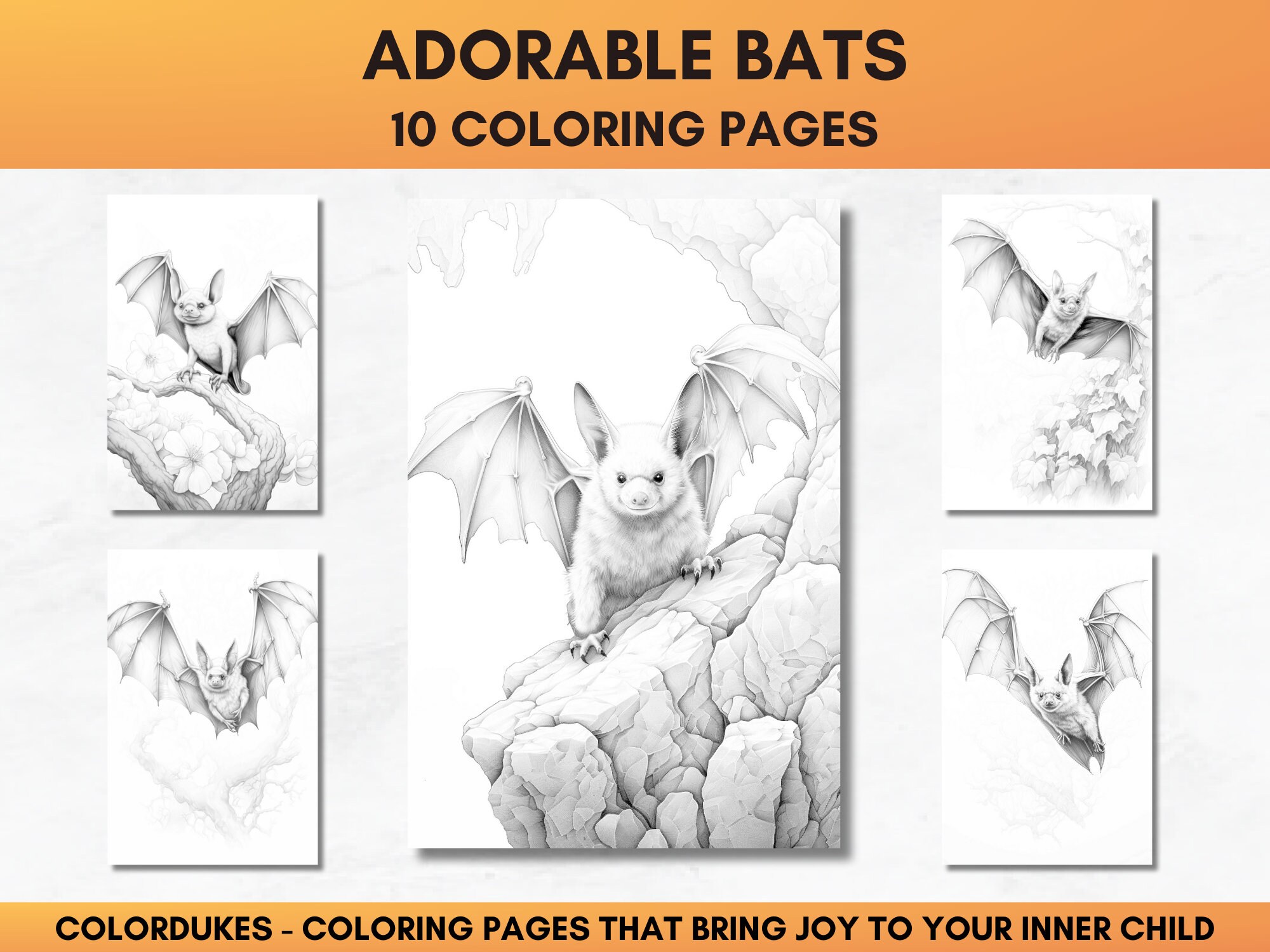 10 Bat Coloring Pages in Grayscale, Halloween Coloring Book Adults ...