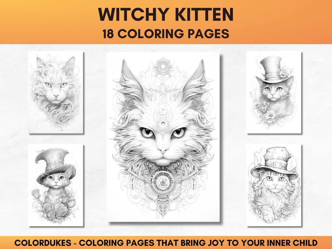 18 Witchy Cat Coloring Pages in Grayscale, Halloween Coloring Book for ...