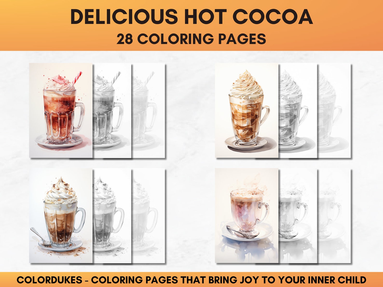 Hot Cocoa Coloring Pages, Watercolor Coloring Book in Grayscale, Winter ...