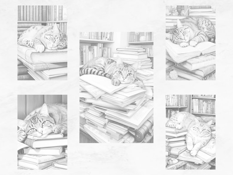 15 Coloring Pages, Cats in Libraries Coloring Book, Grayscale Coloring ...
