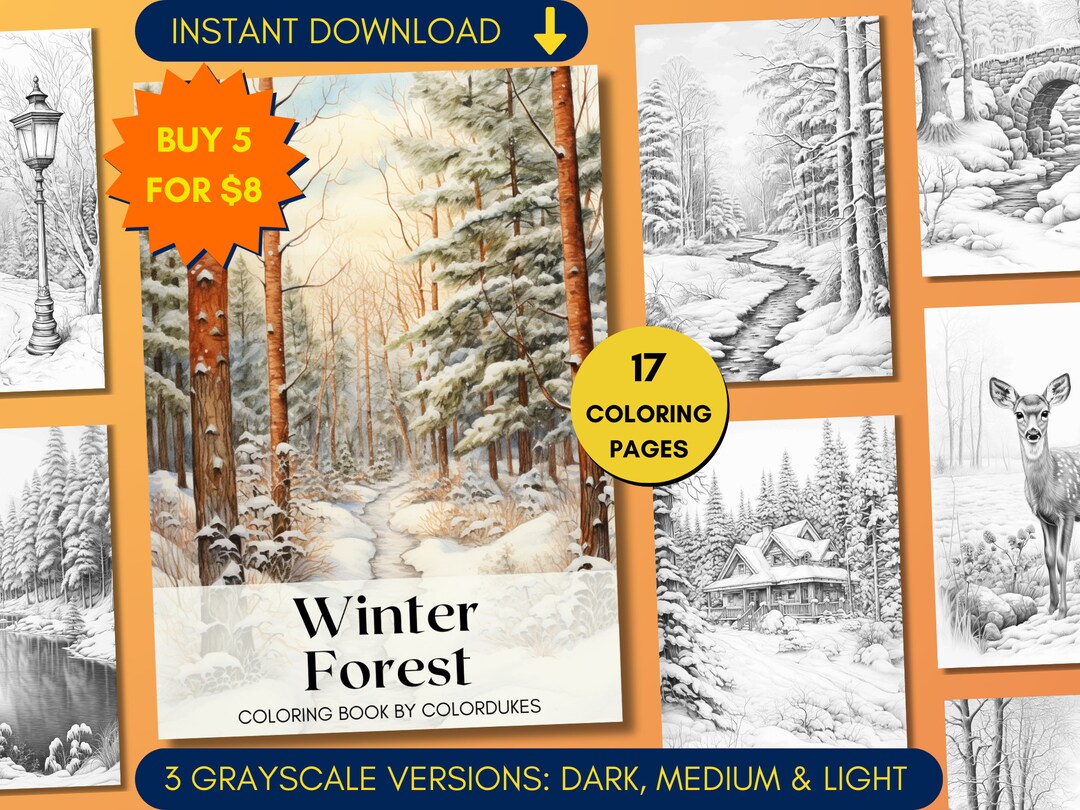 Winter Forest Coloring Pages in Grayscale, Snowy Trees Coloring Book ...