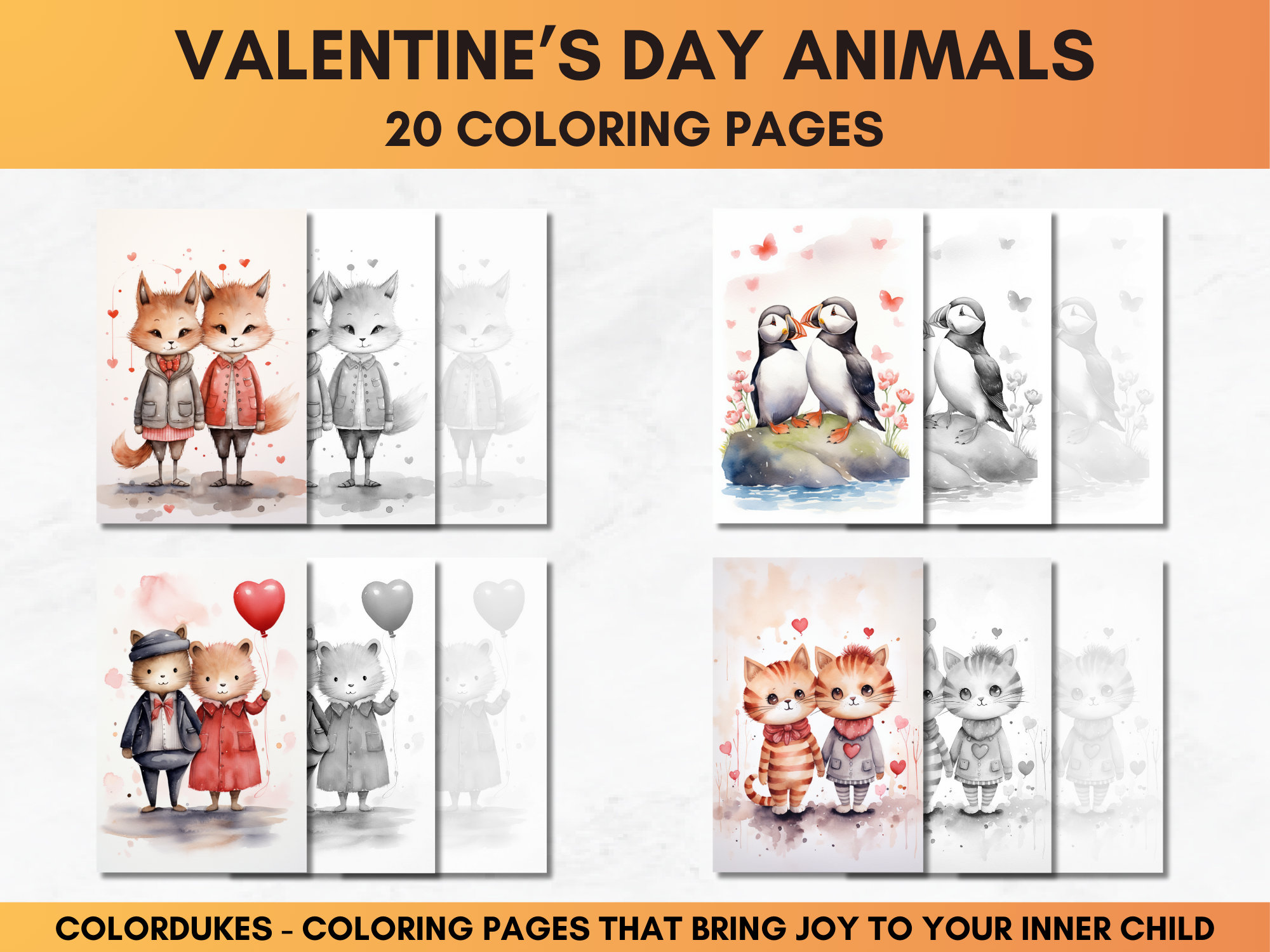 Valentines Animals Coloring Pages, Cute Grayscale Adult Coloring Book ...