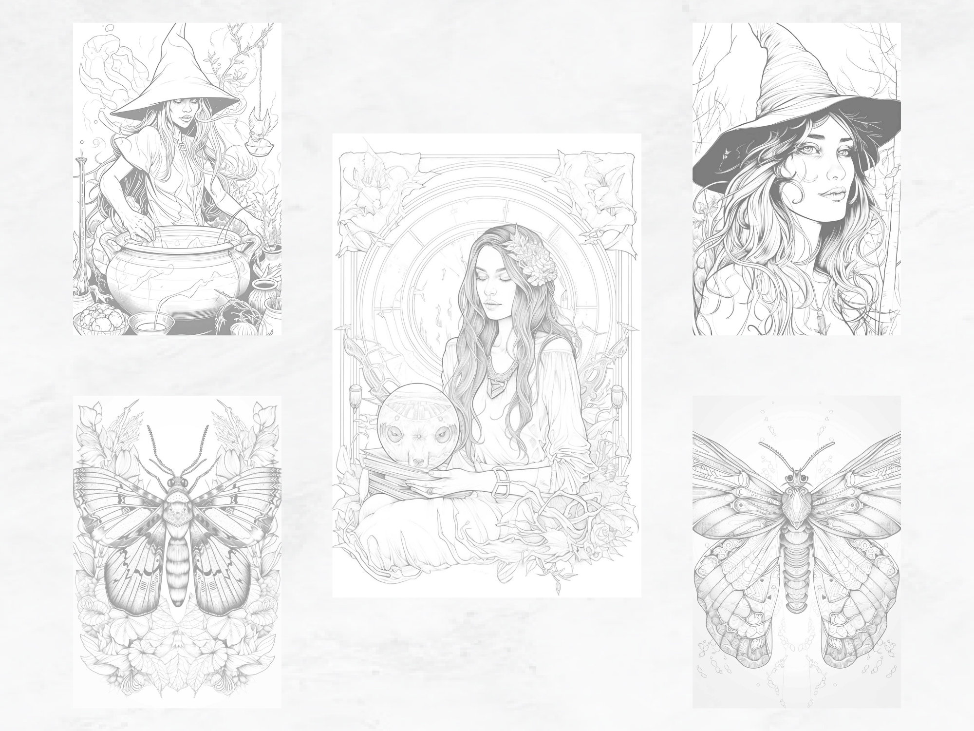 26 Witchy Coloring Pages Witches and Witchcraft, Grayscale Adult ...