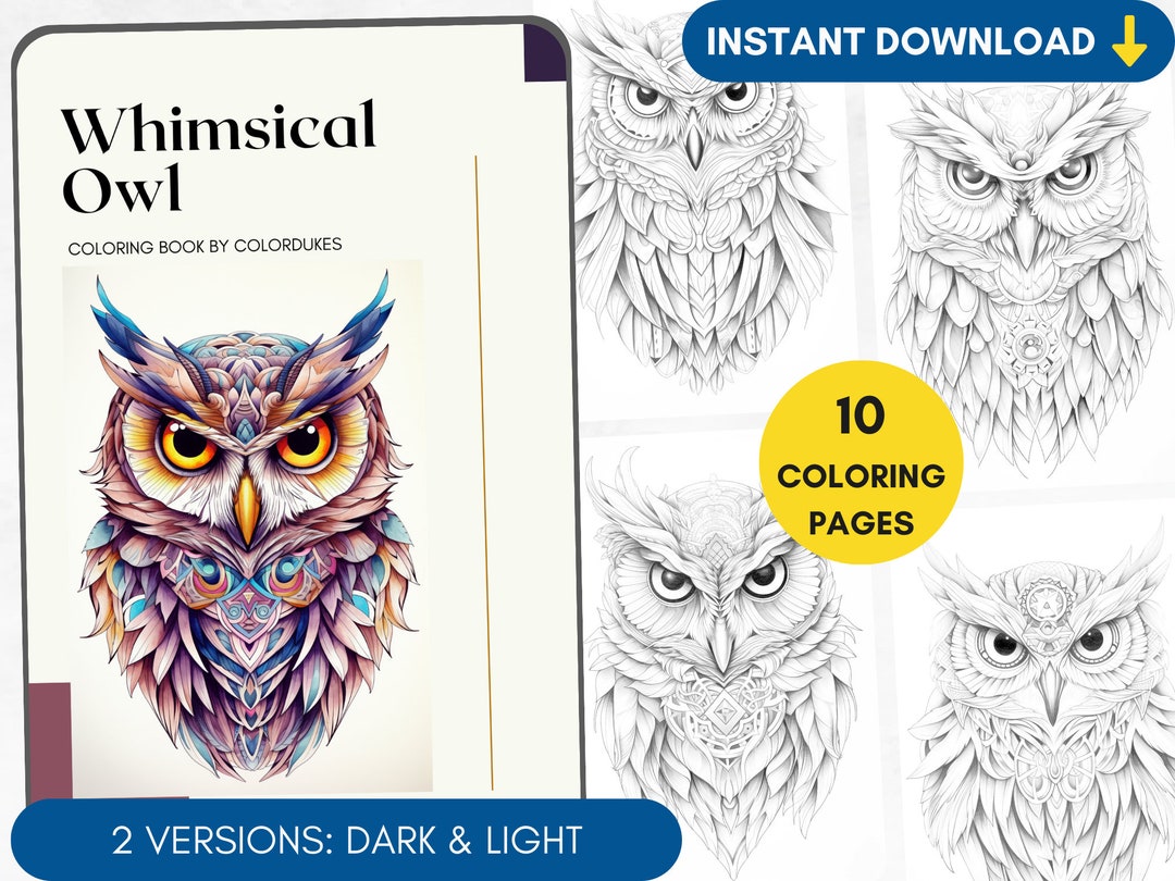 10 Coloring Pages Owl Coloring Book for Adults, Whimsical Owl Coloring ...