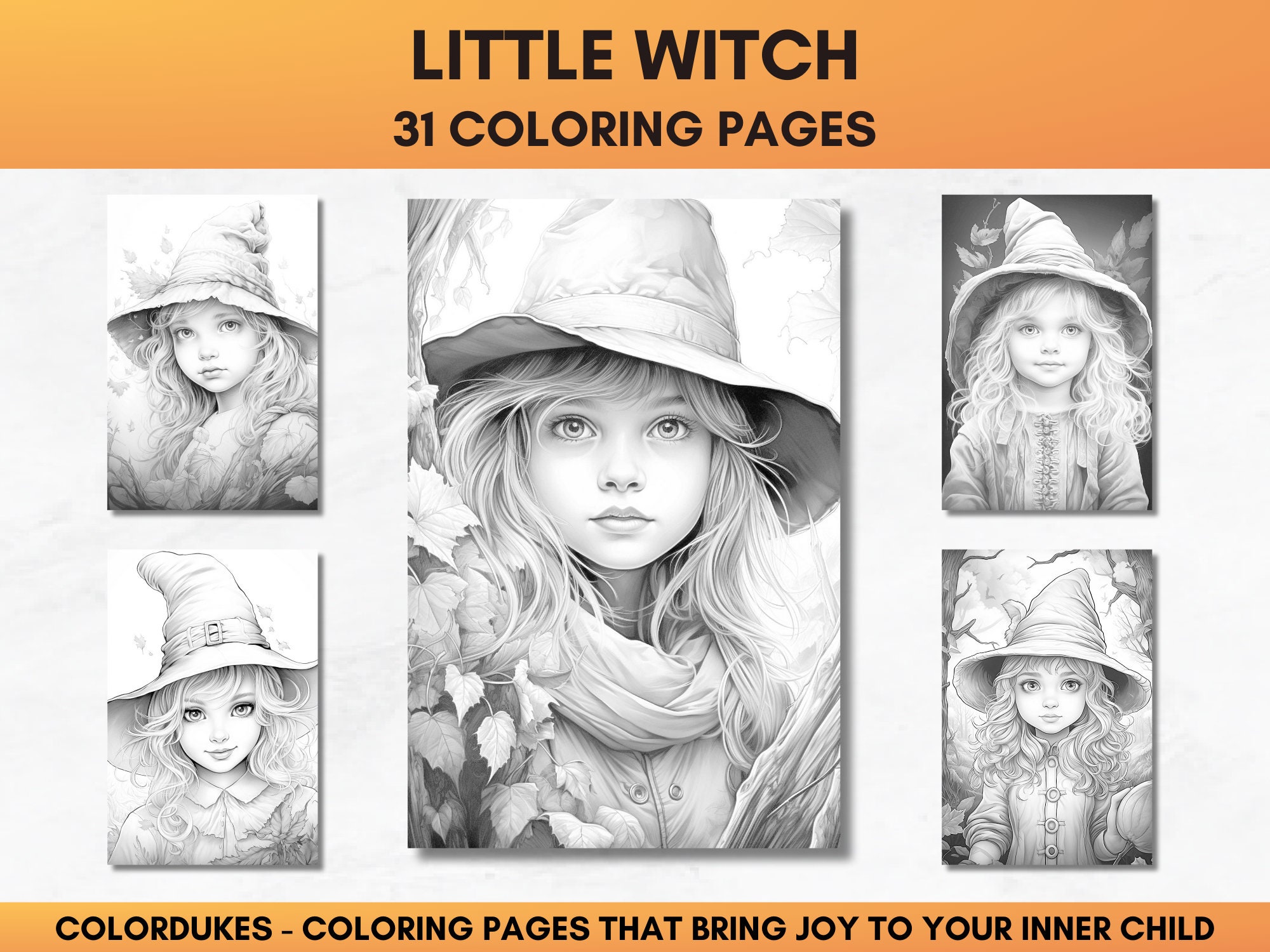 31 Little Witch Coloring Pages in Grayscale, Realistic Coloring Book ...