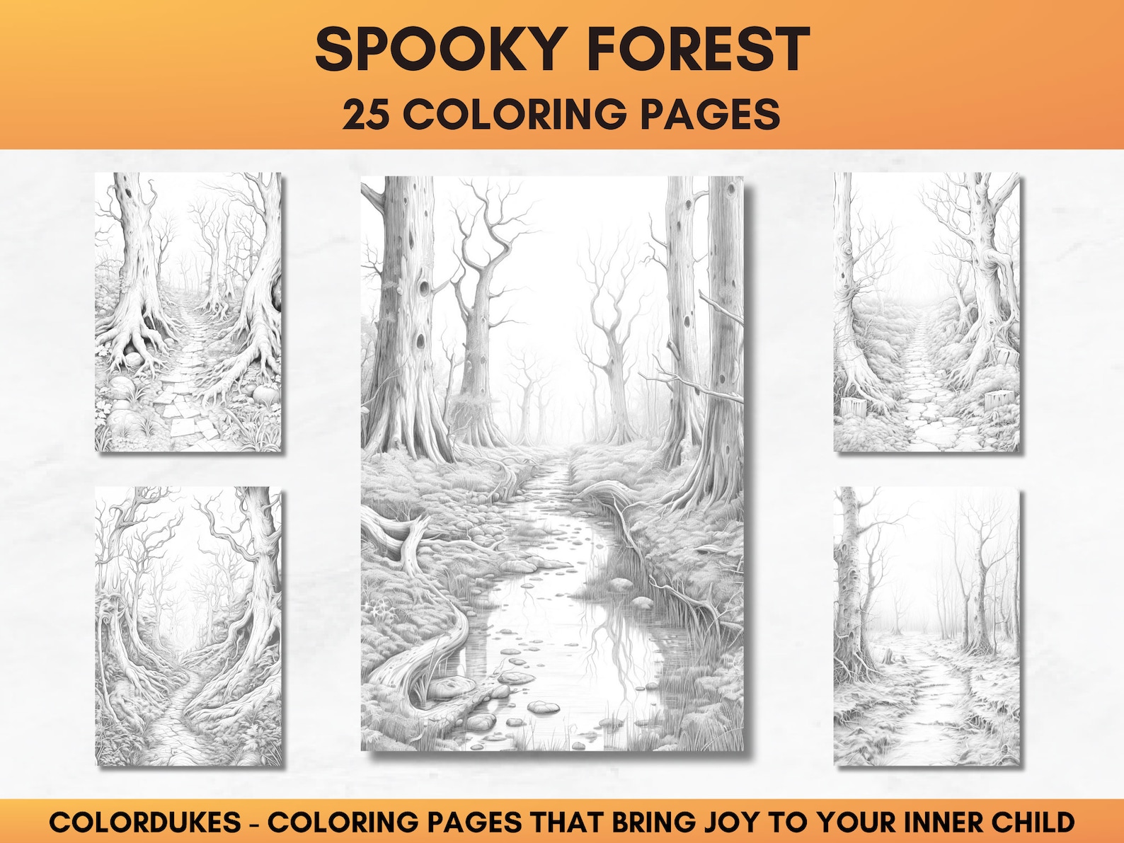 25 Spooky Forest Coloring Pages in Grayscale, Halloween Coloring Book ...