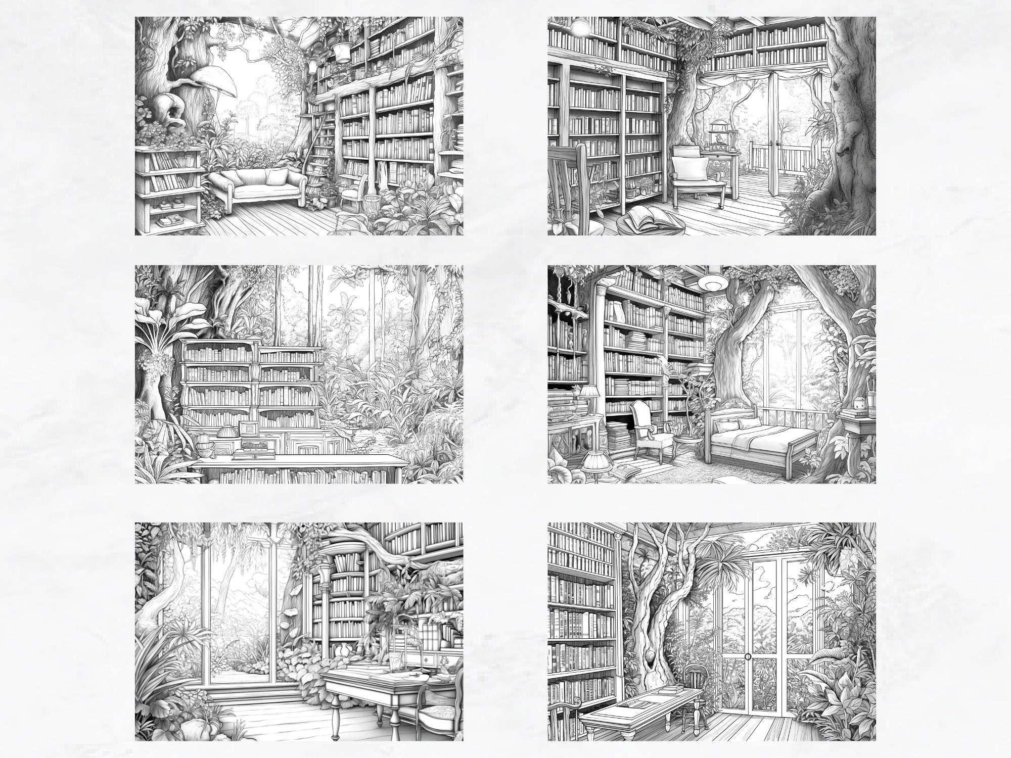 25 Coloring Pages Jungle Libraries Grayscale Adult Coloring - Etsy ...