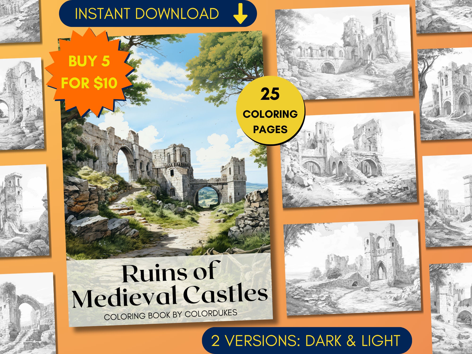 25 Adult Coloring Pages, Medieval Castles Coloring Book in Grayscale ...