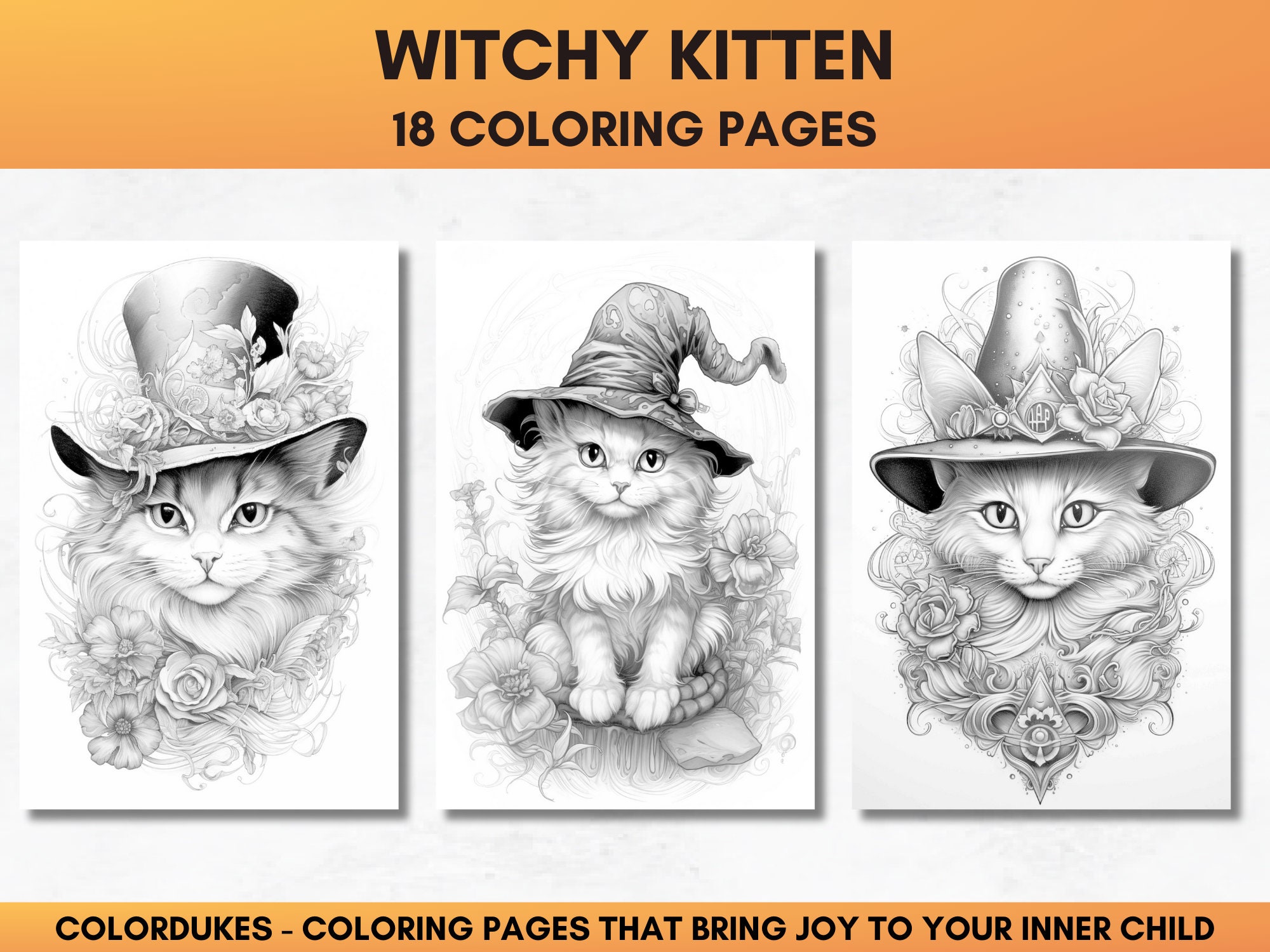18 Witchy Cat Coloring Pages in Grayscale, Halloween Coloring Book for ...