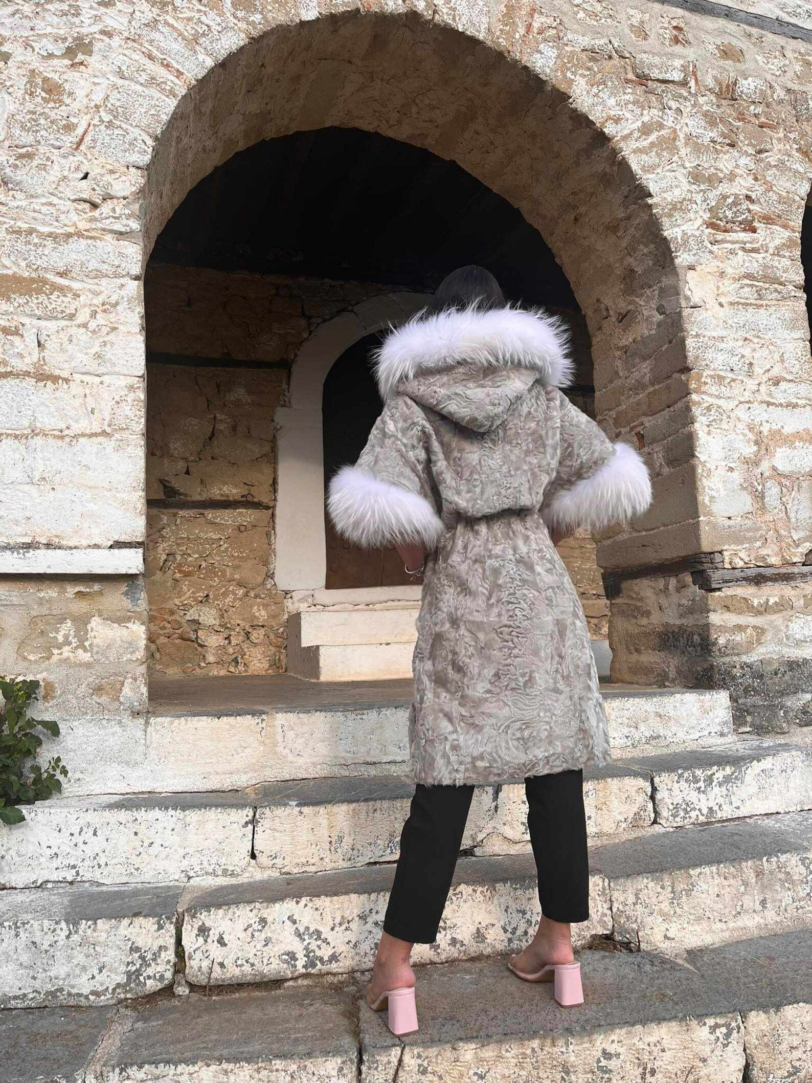 Beige Long Real Fur Astrakhan Coat With Real Finn Raccoon Fur White ...