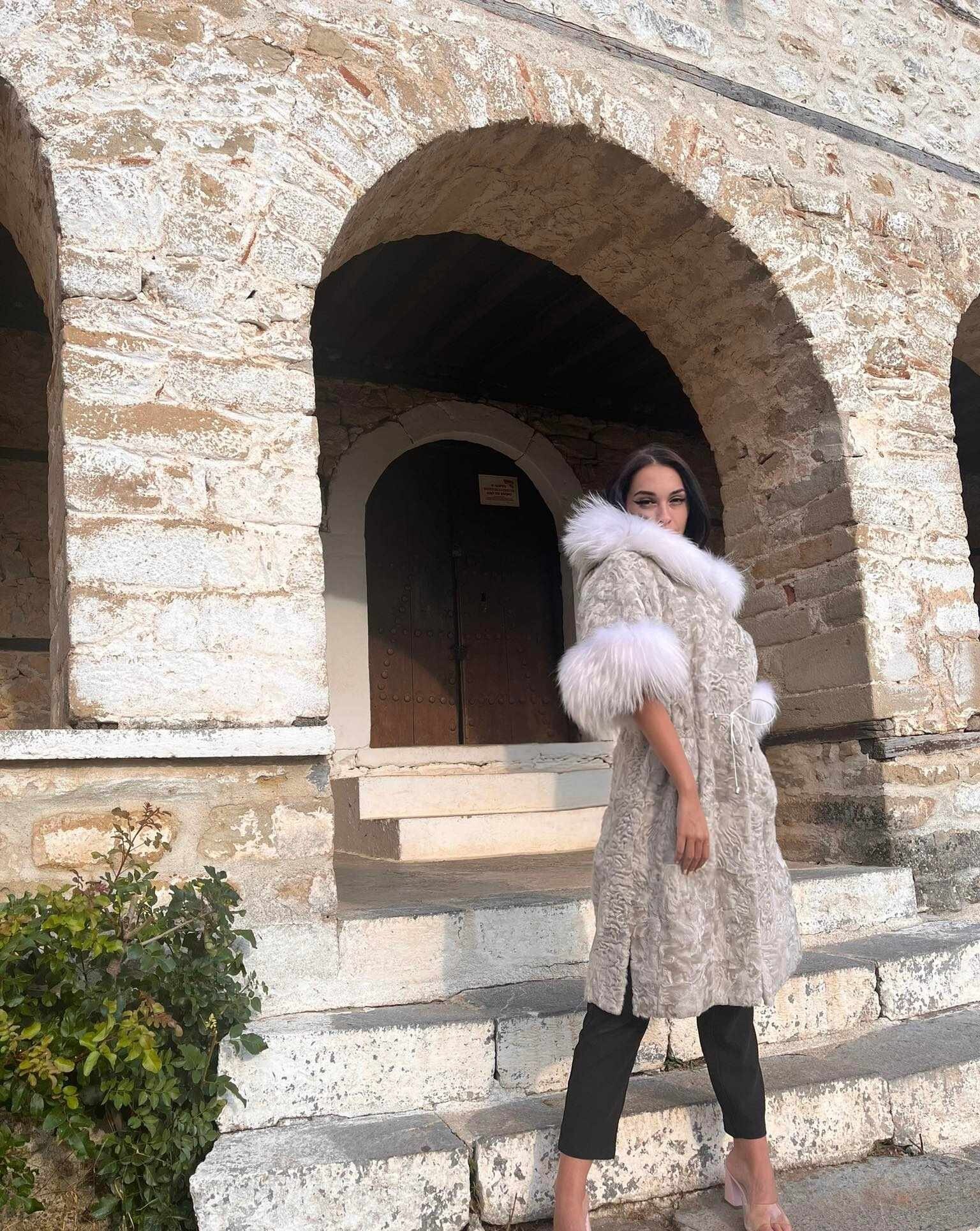 Beige Long Real Fur Astrakhan Coat With Real Finn Raccoon Fur White ...