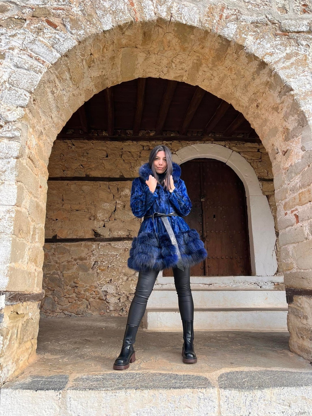 Blue Astrakhan Fur Coat: Handmade Fox Fur Trim, Leather Belt - Etsy