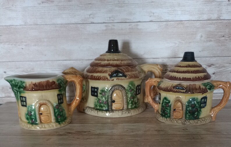 Tea Set Vintage Cottage Thatched Roof Hand-painted Teapot - Etsy