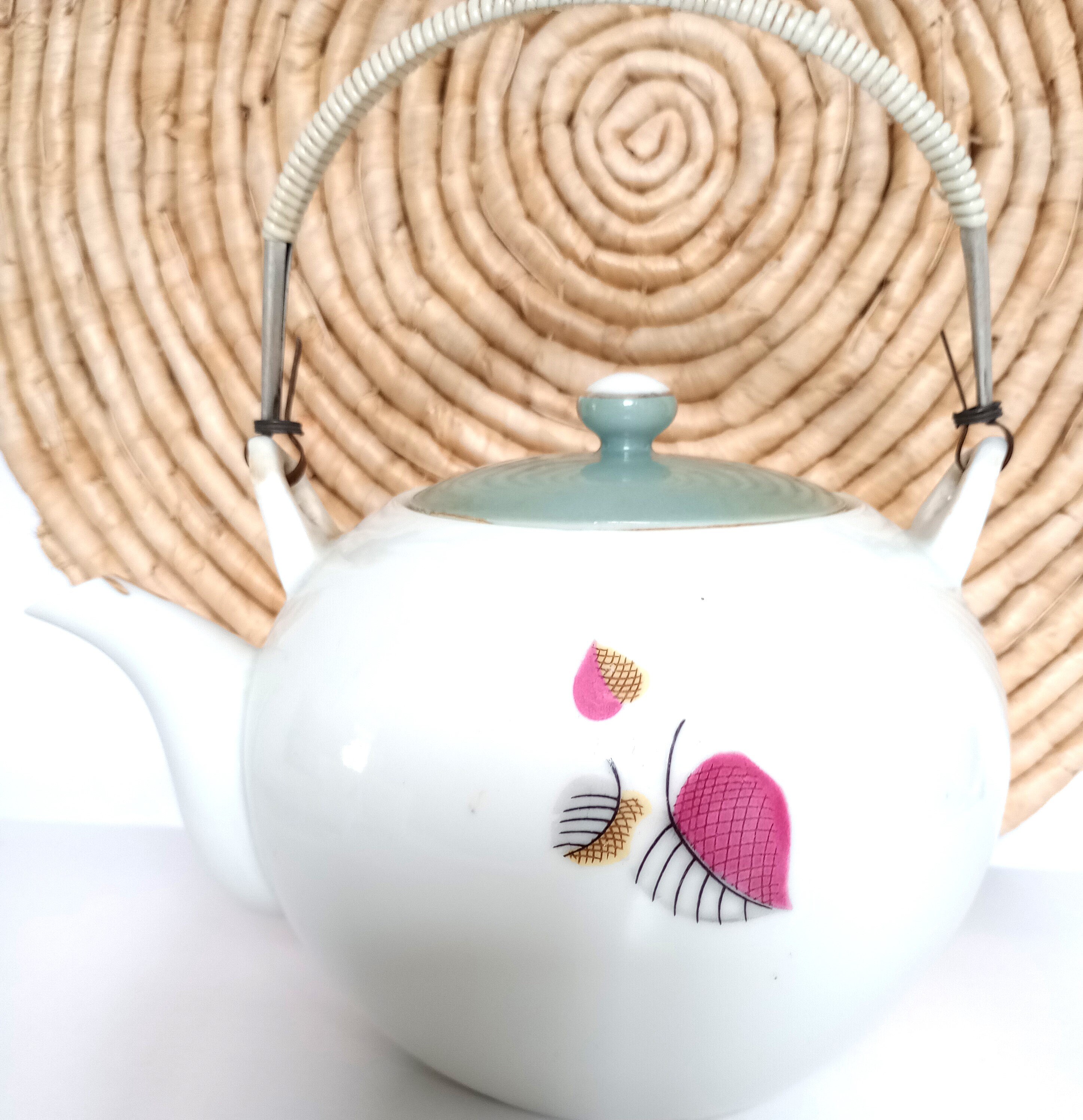 Tea Set Vintage 50s Japan Green White Porcelain Teapot 5 Cups Pink ...