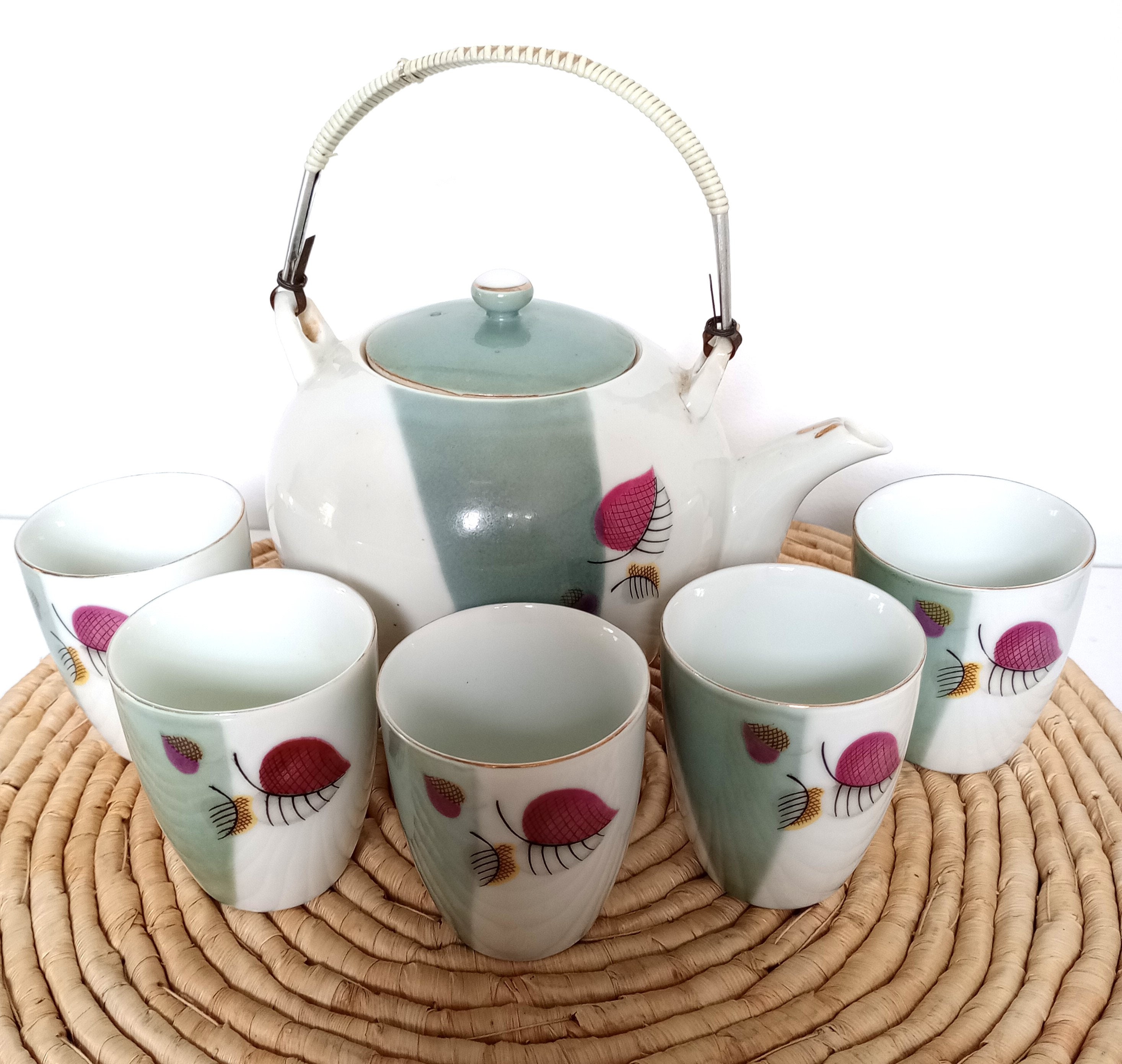 Tea Set Vintage 50s Japan Green White Porcelain Teapot 5 Cups Pink ...