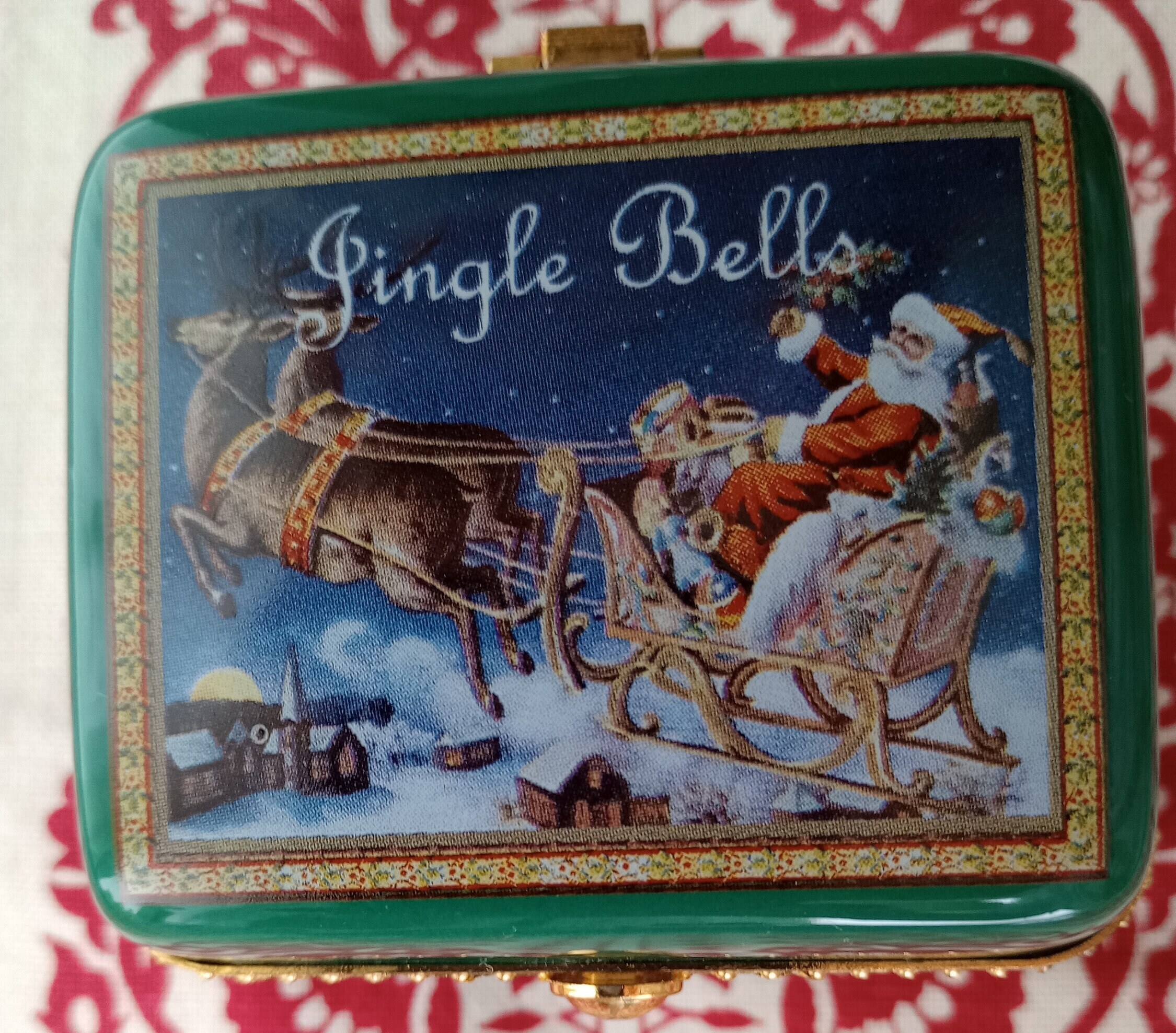 Christmas Music Box Green Enameled Porcelain Santa Image Jingle Bells ...