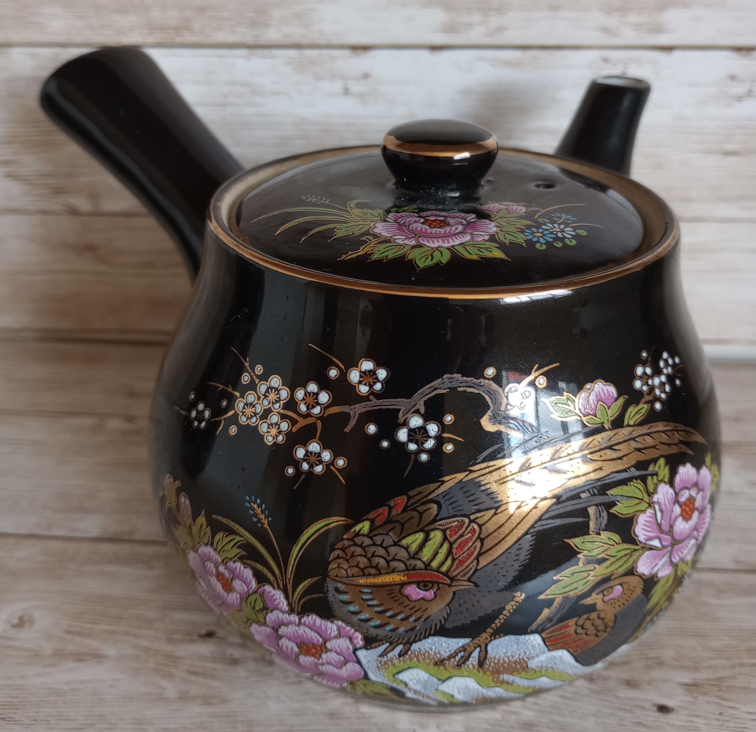 Tea Set Vintage Japan Teapot 5 Cups Black Gold Pheasant Plum - Etsy