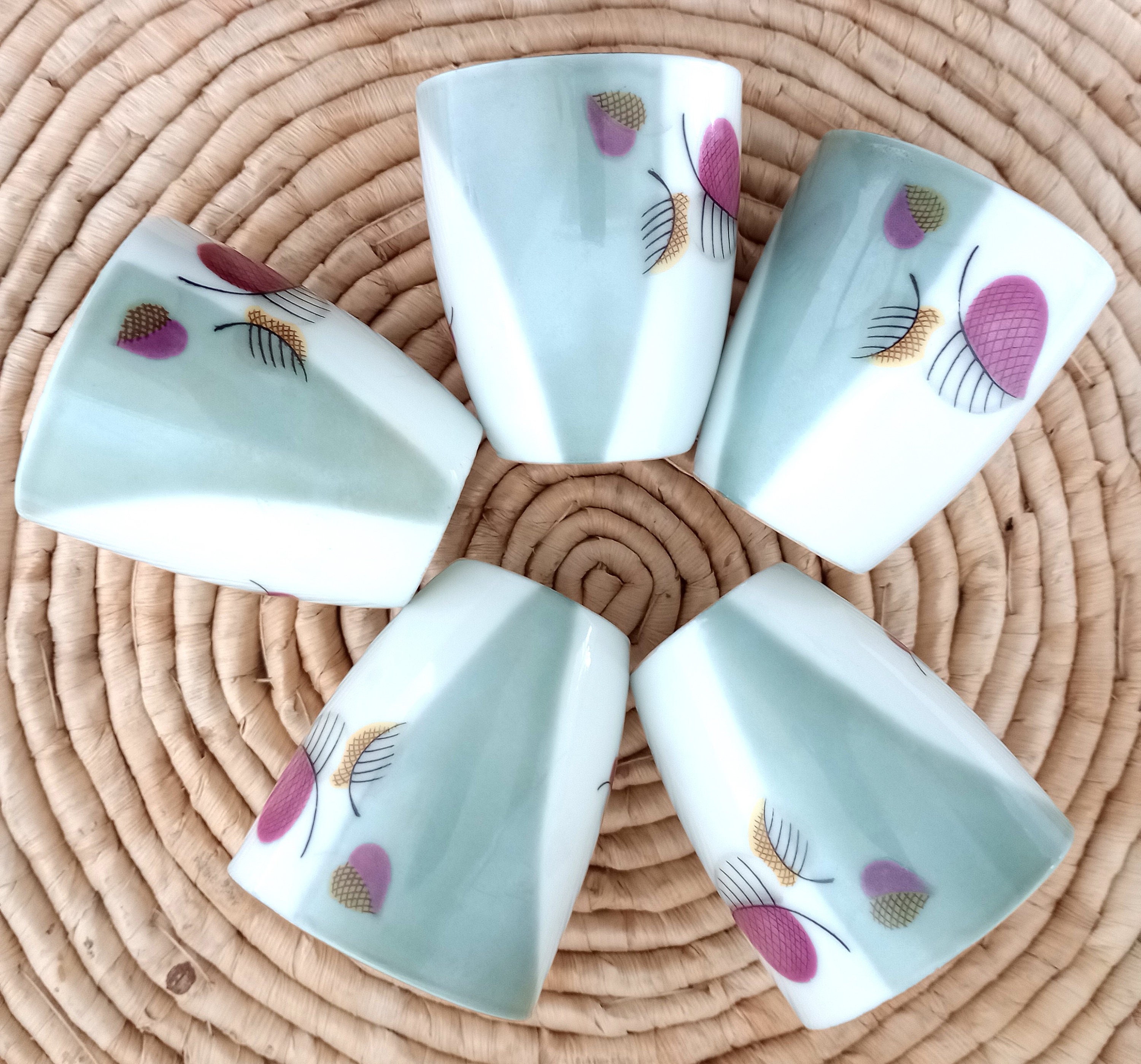 Tea Set Vintage 50s Japan Green White Porcelain Teapot 5 Cups Pink ...