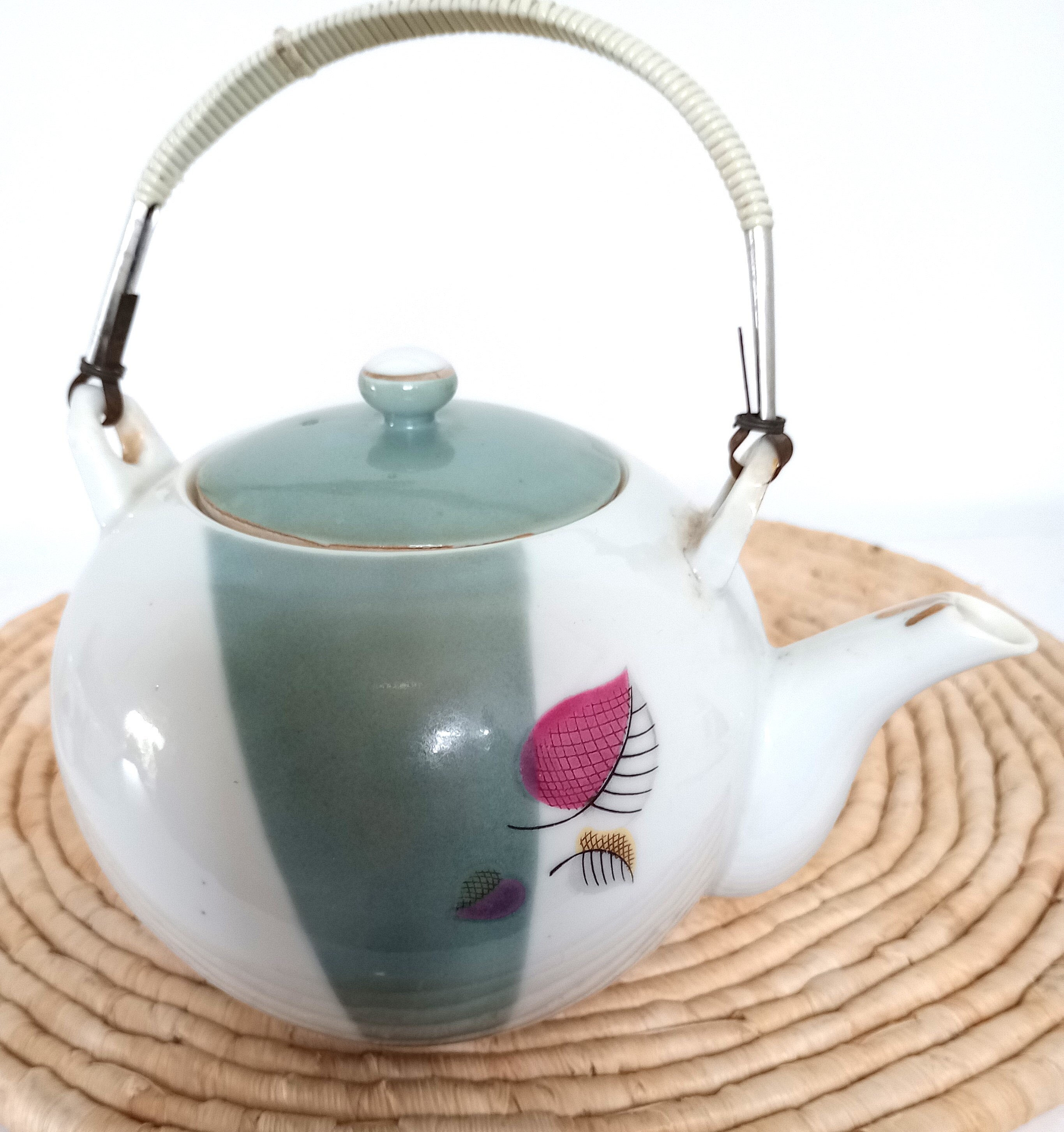 Tea Set Vintage 50s Japan Green White Porcelain Teapot 5 Cups Pink ...