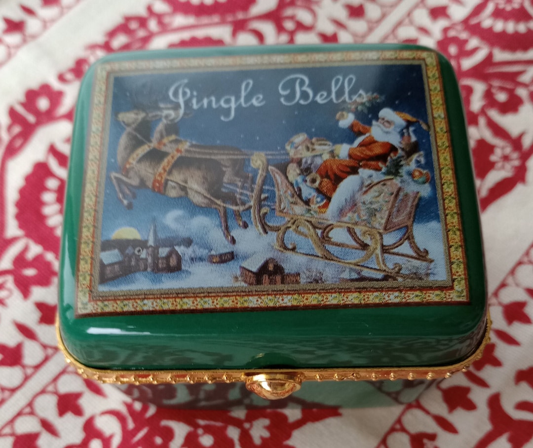 Christmas Music Box Green Enameled Porcelain Santa Image Jingle Bells ...
