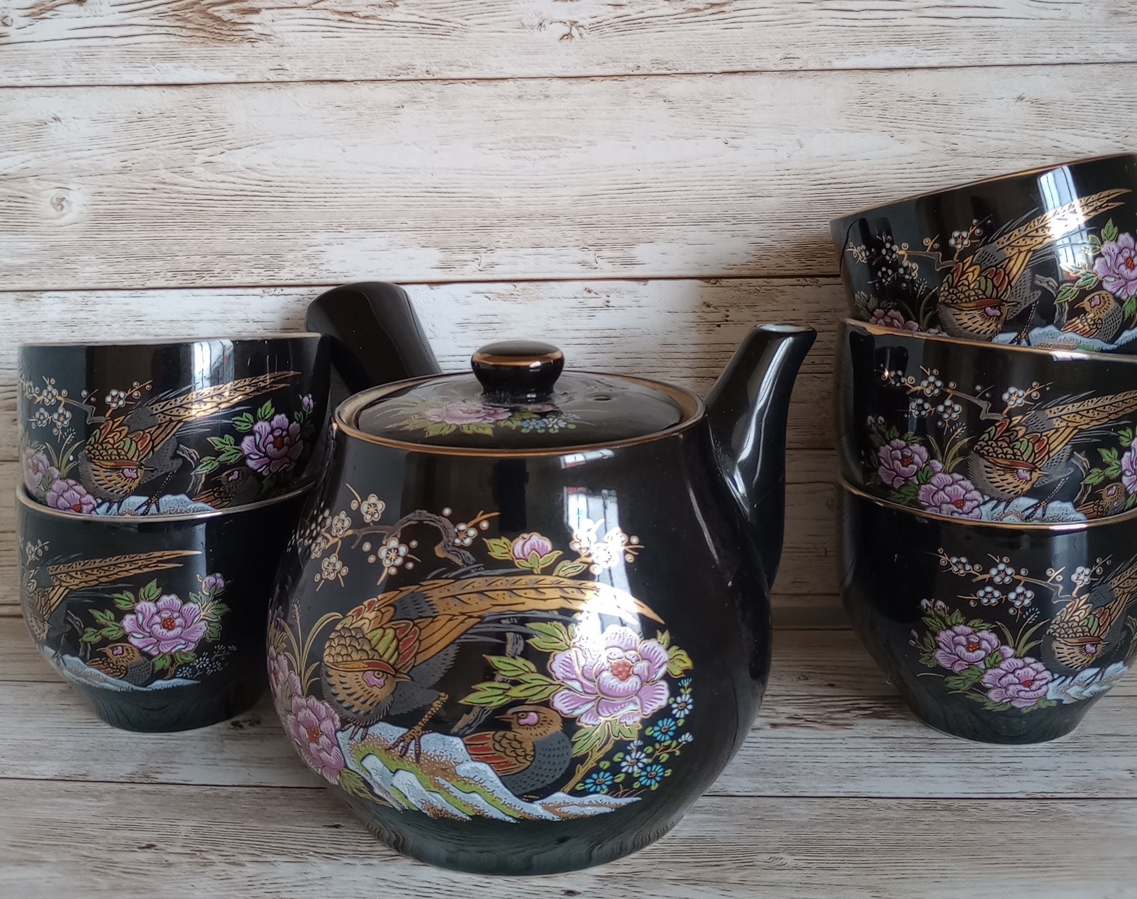Tea Set Vintage Japan Teapot 5 Cups Black Gold Pheasant Plum - Etsy