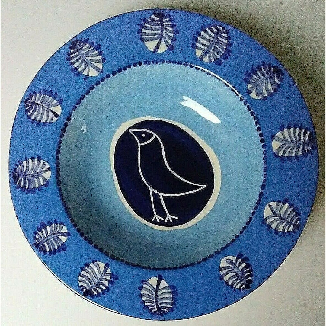 Bowl Handmade Art Pottery Blue Bird Leaves Wide Rim Signed 8 - Etsy