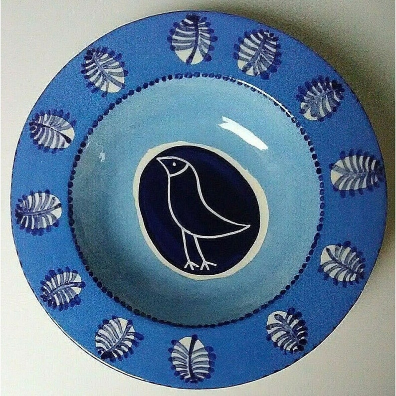 Bowl Handmade Art Pottery Blue Bird Leaves Wide Rim Signed 8 - Etsy