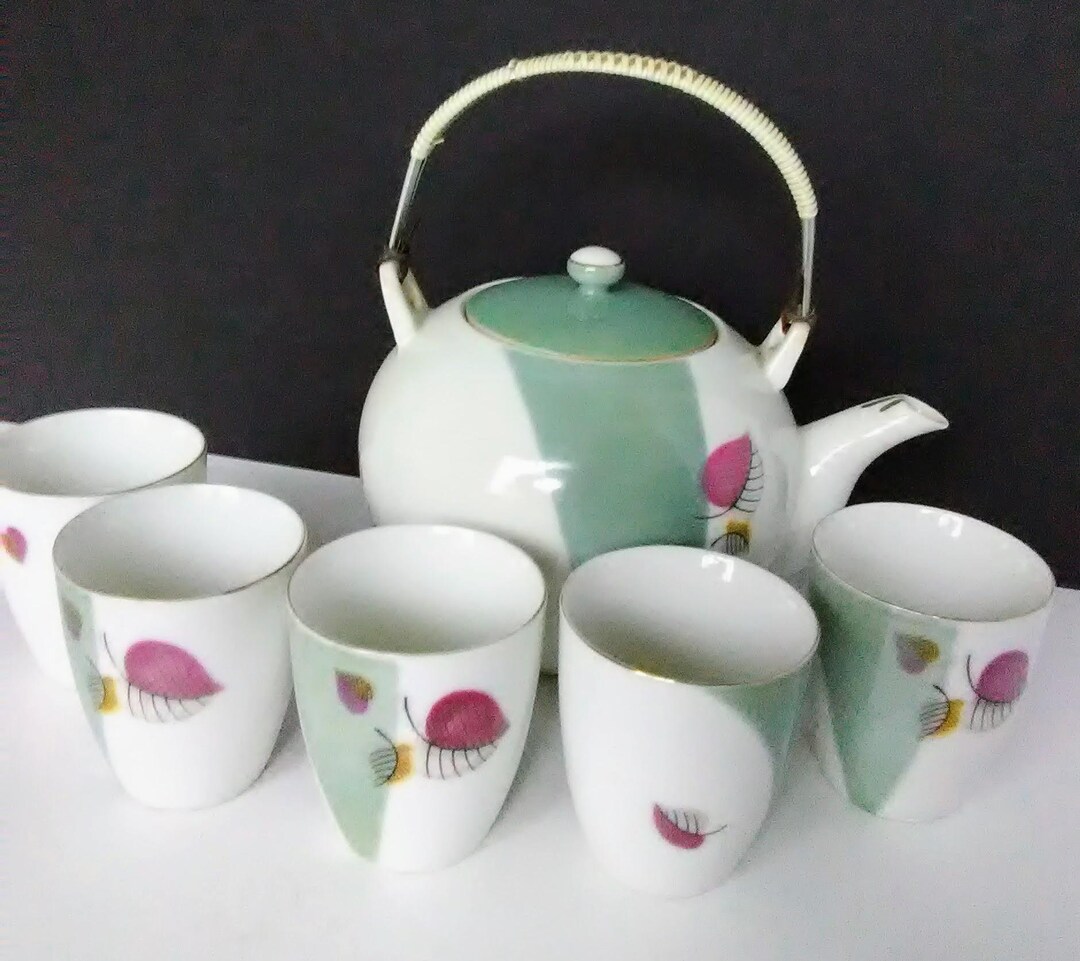 Tea Set Vintage 1950s Japan Teapot 5 Cups Mid-mod Design Flowers Pink ...