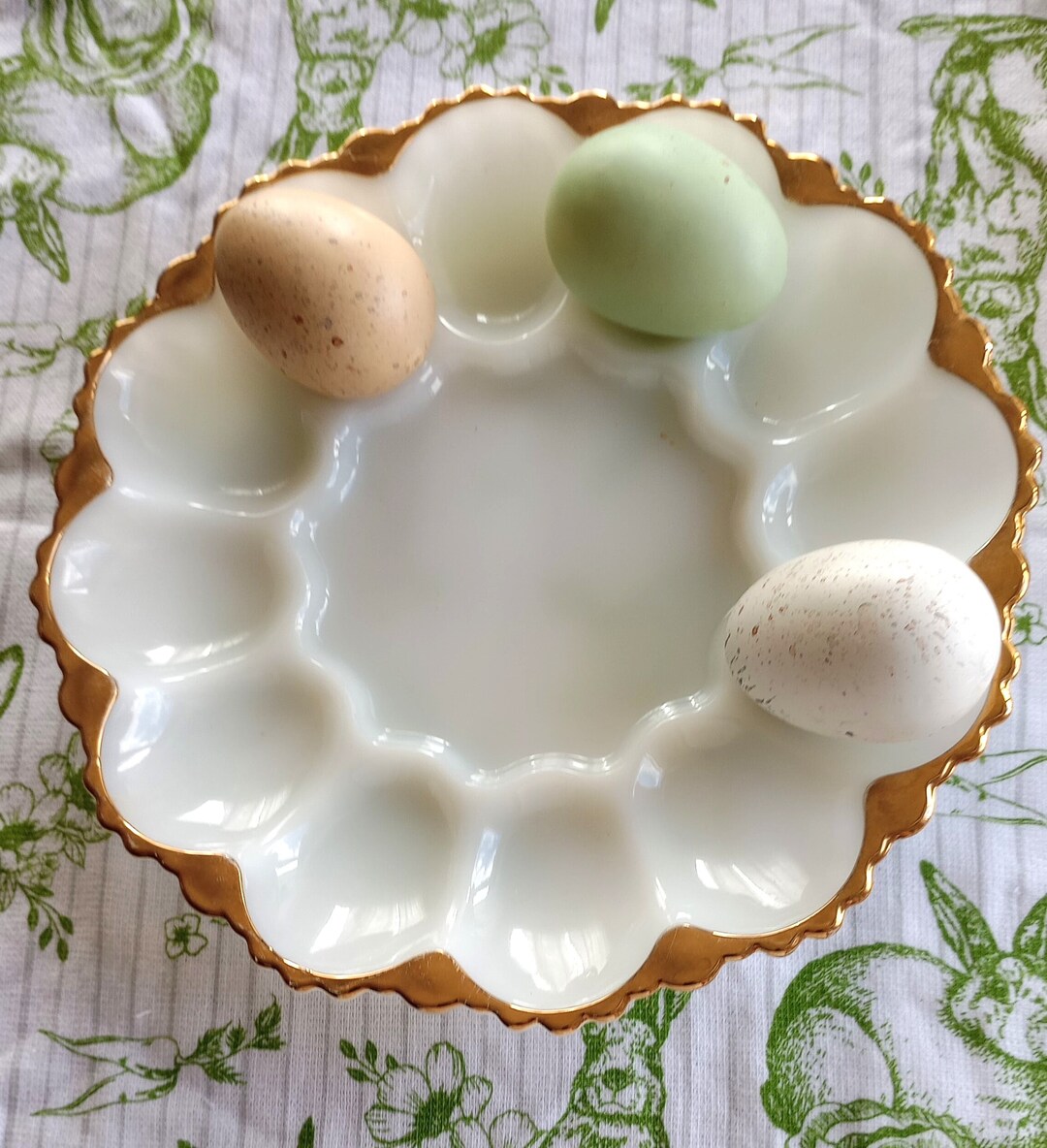 Plate Vintage Egg Platter Anchor Hocking Milk Glass Gold Trim Fancy ...