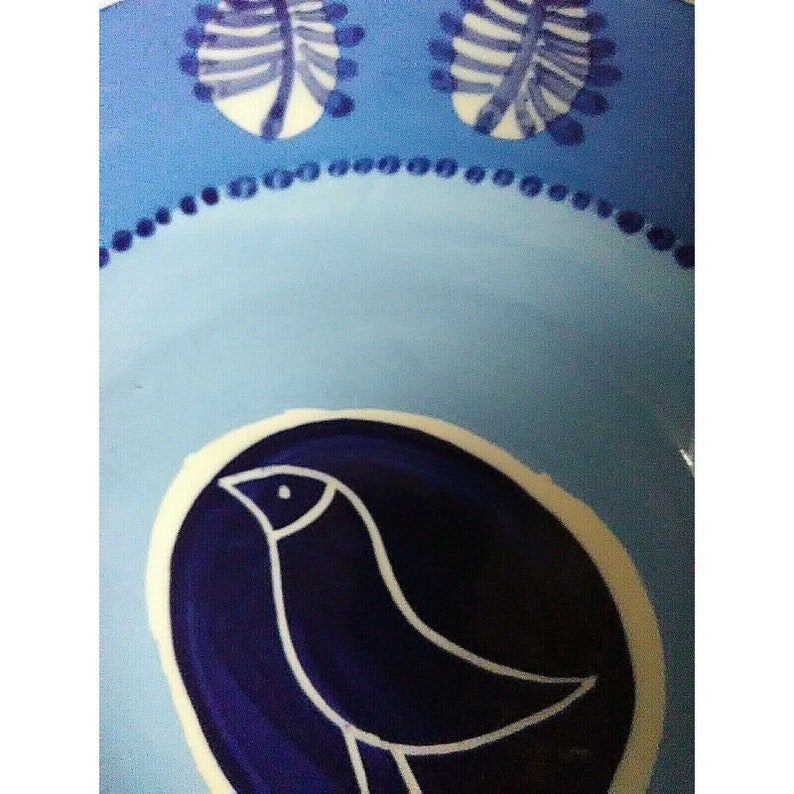 Bowl Handmade Art Pottery Blue Bird Leaves Wide Rim Signed 8 - Etsy