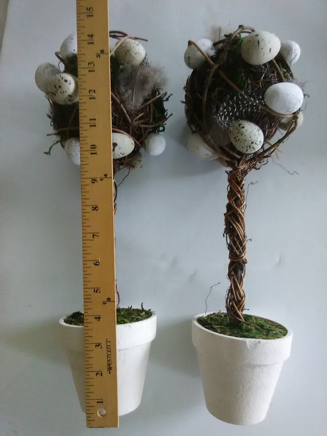 Decor Easter Egg Topiary Set 2 Feathers Moss Grapevine Muted Natural ...