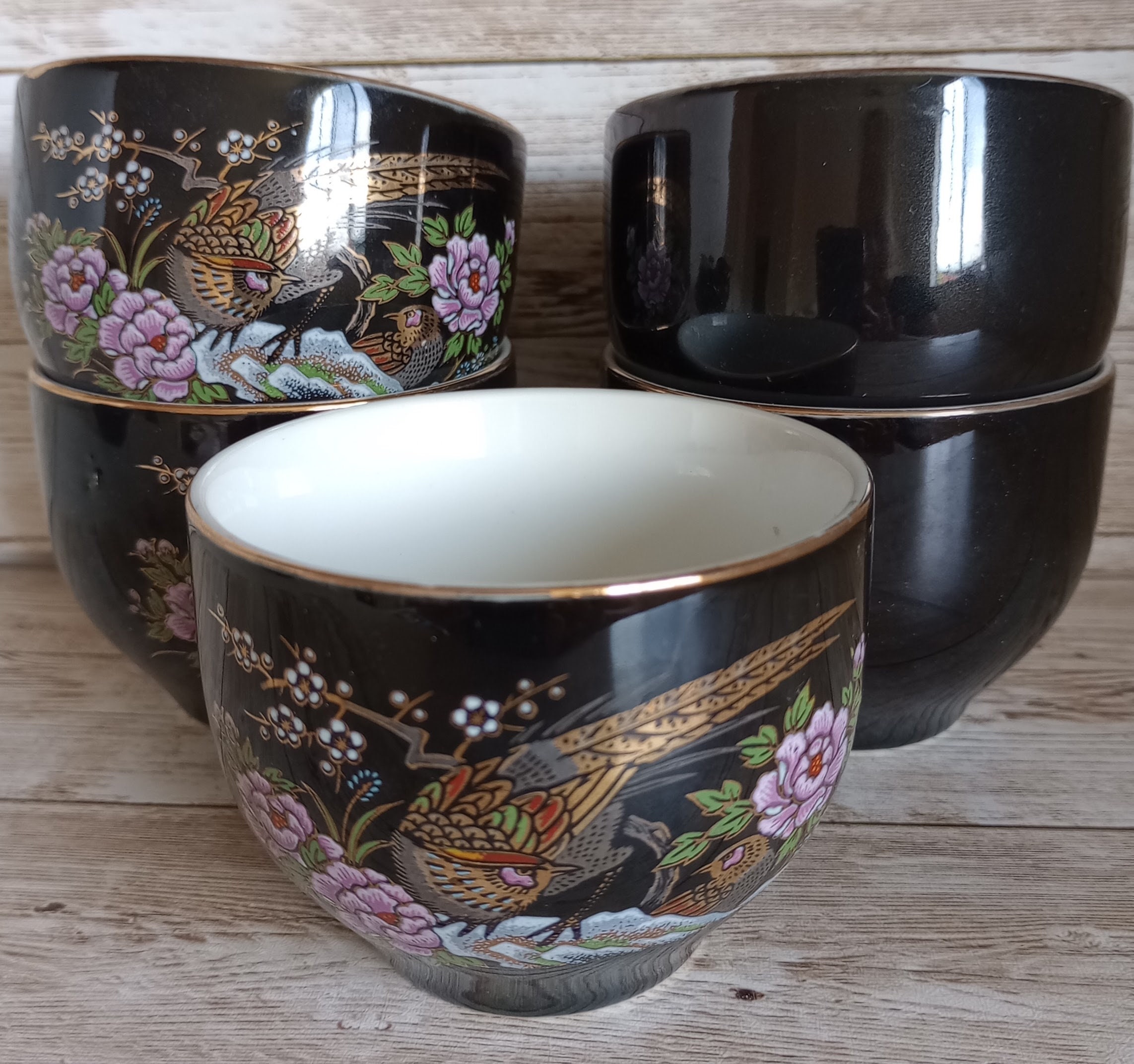 Tea Set Vintage Japan Teapot 5 Cups Black Gold Pheasant Plum - Etsy