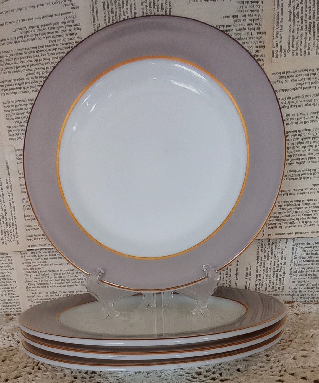Pyrex Sunday Best 4 Dinner Plates Vintage 1960 White Gray Rim Gold Trim ...