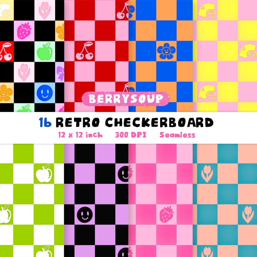 Hand-drawn Retro Checkerboard Digital Paper Pack, Seamless Fruit ...