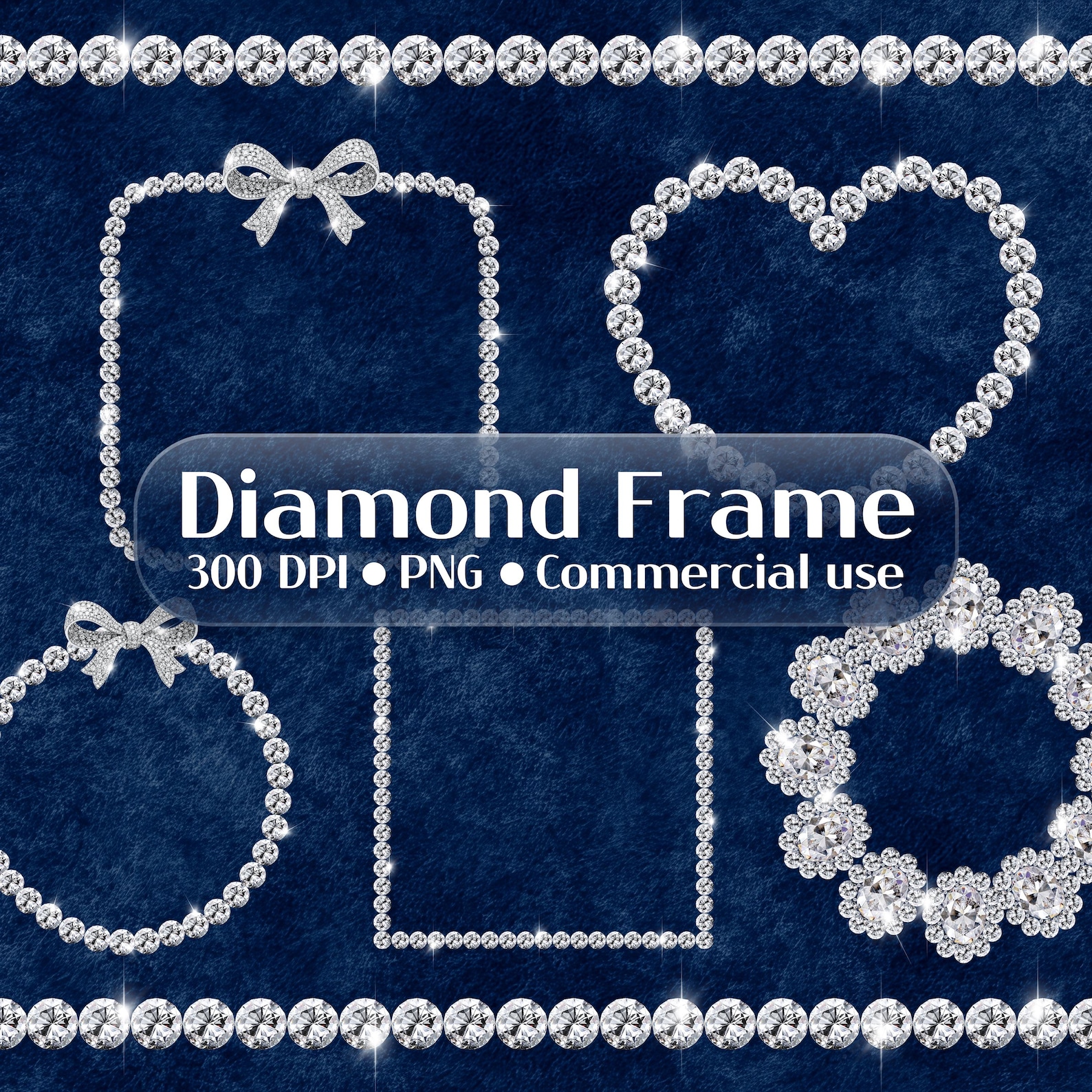 Luxury Diamond Borders Clipart, Sparkly Crystal Square Frames With Bows ...