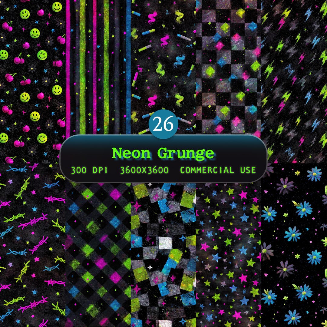 Neon Grunge Digital Paper, Y2K Retro Patterns, 90s Aesthetic ...