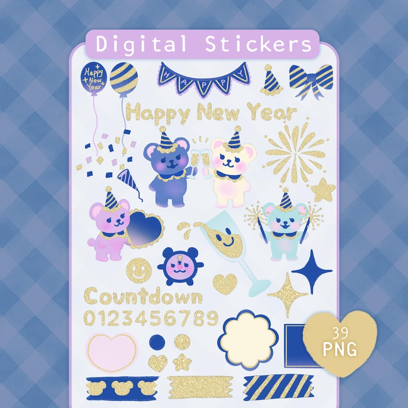Happy New Year Bear Digital Stickers – Cute Bear Goodnotes Planner PNG ...
