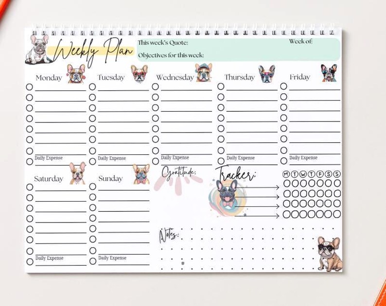 French Bulldog Themed Weekly Plan Template Frenchies Printable Planner ...