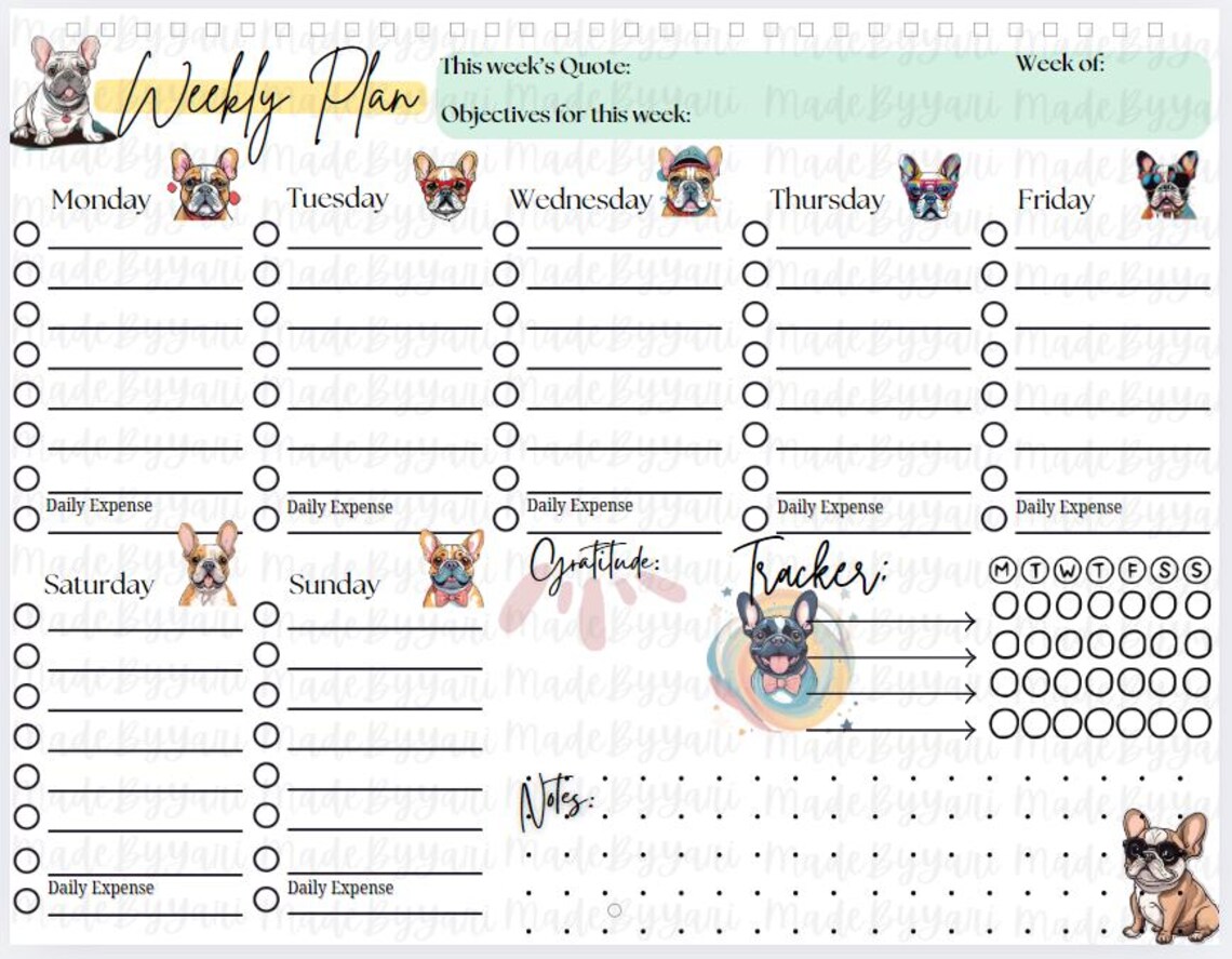 French Bulldog Themed Weekly Plan Template Frenchies Printable Planner ...