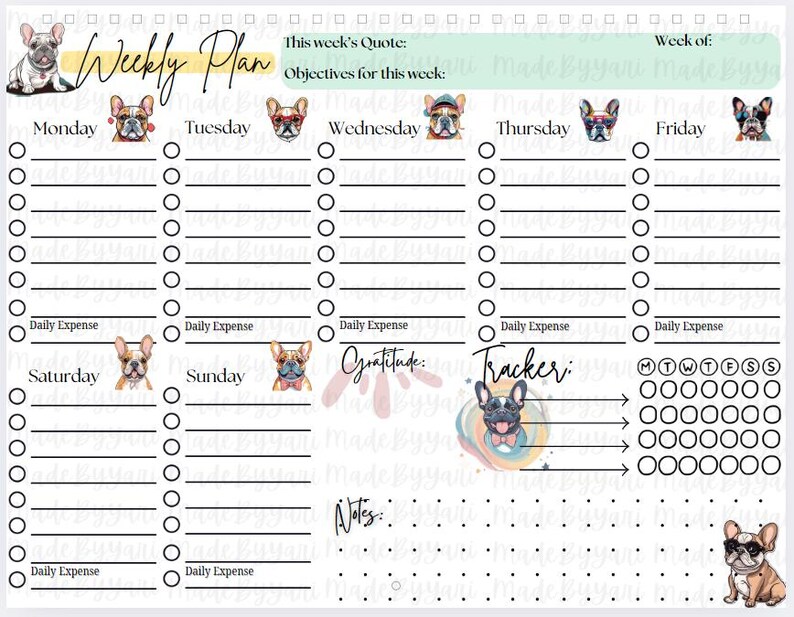 French Bulldog Themed Weekly Plan Template Frenchies Printable Planner ...