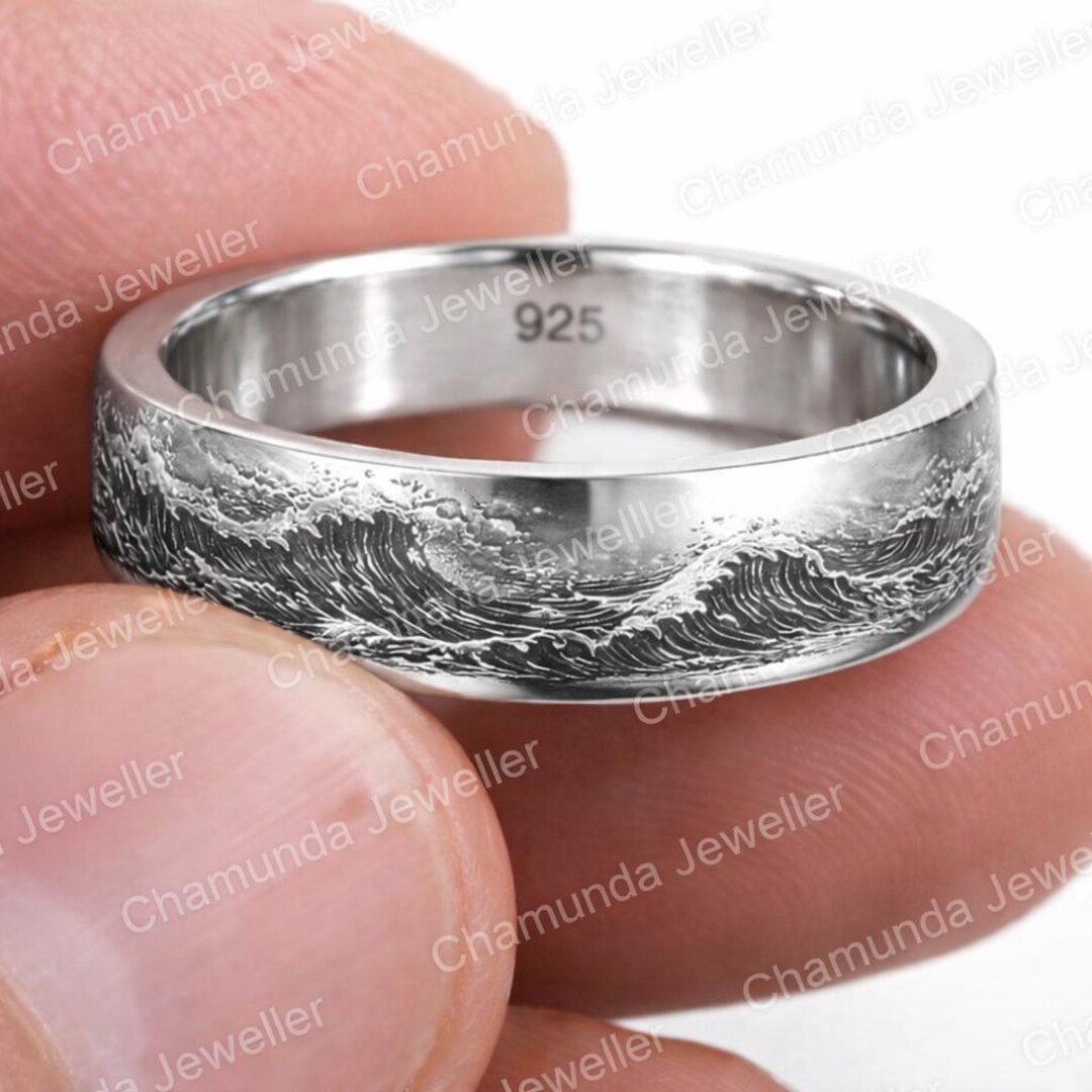 Ocean Wave Engraved Ring, 925 Sterling Silver Band, Handmade Water ...