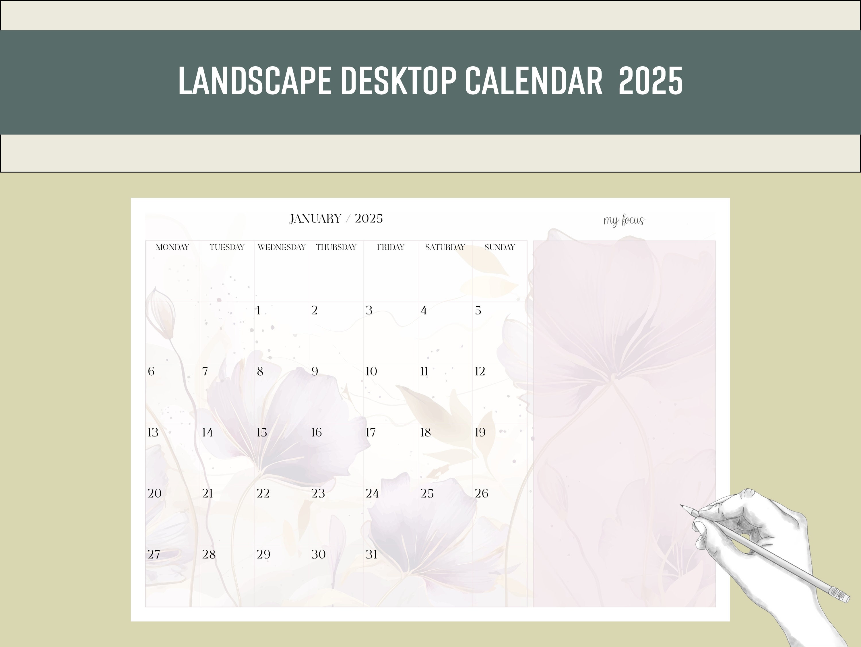 January, Landscape Desktop Calendar, 2025, Printable, A3, A4, Letter ...