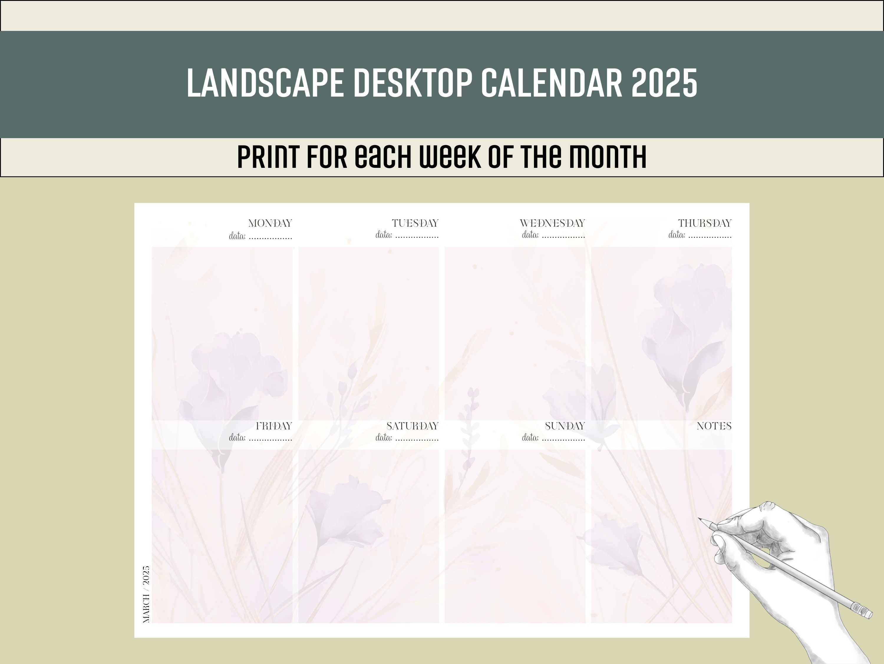 March, Landscape Desktop Calendar, 2025, Printable, A3, A4, Letter ...